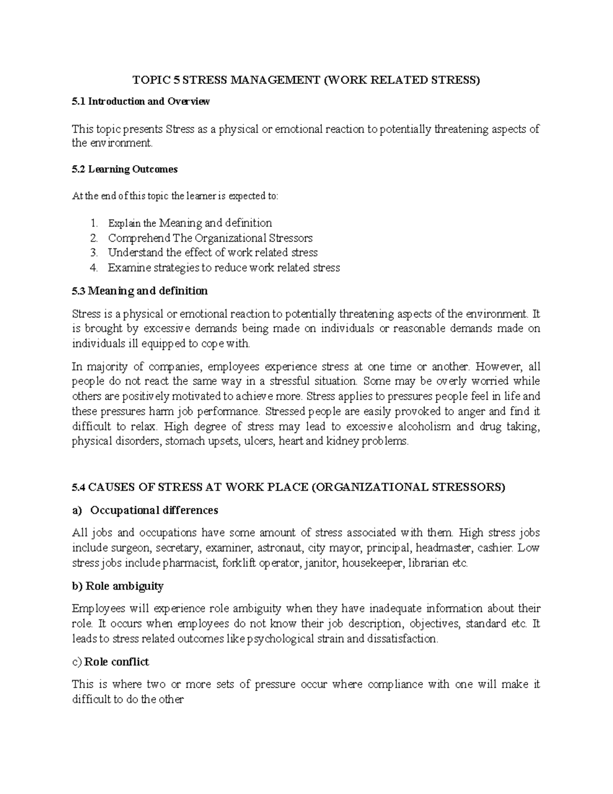 Topic 5 Stress Management (WORK Related Stress) - TOPIC 5 STRESS ...