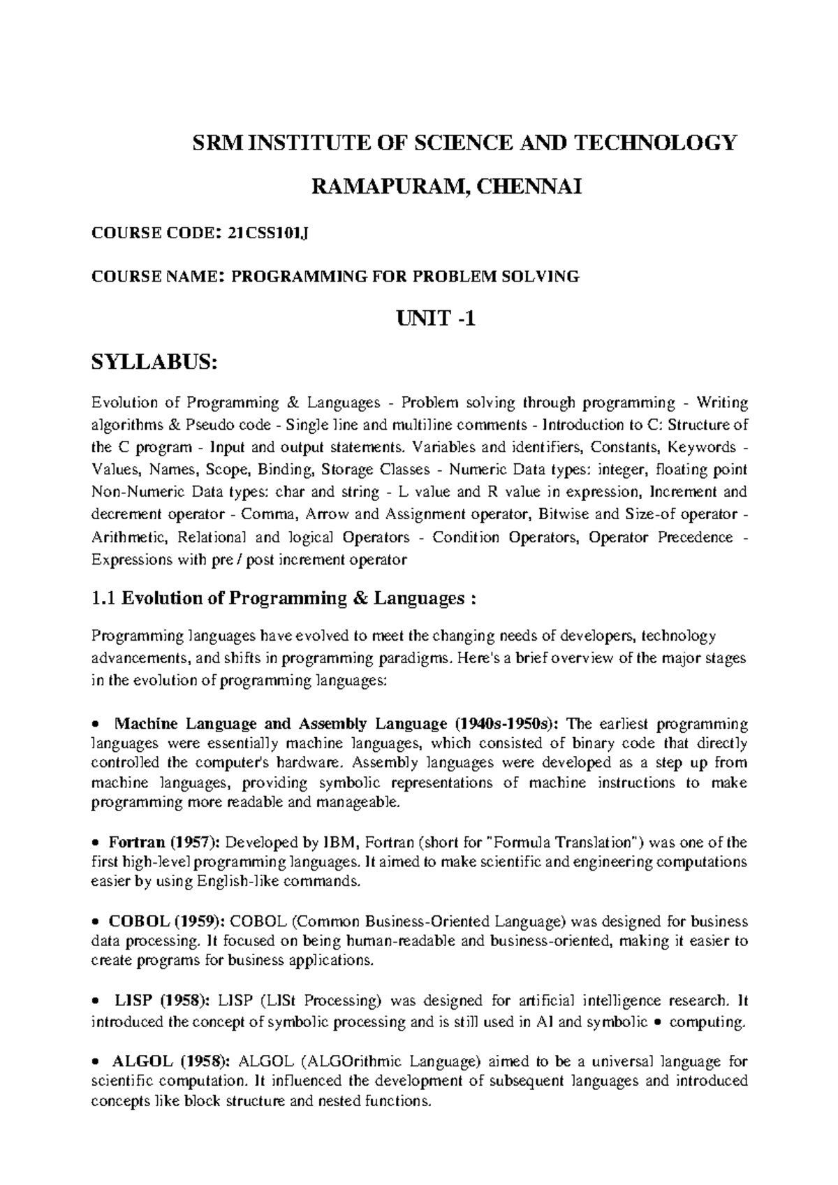 PPS UNIT1 - pls - SRM INSTITUTE OF SCIENCE AND TECHNOLOGY RAMAPURAM, CHENNAI COURSE CODE: 21 ...