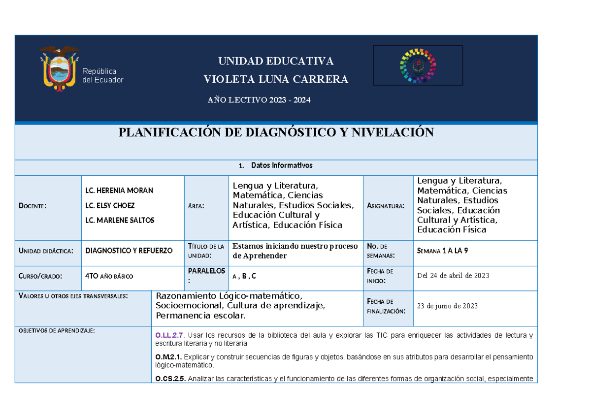 Planificacion DE Cuarto A , B Y C. PARA Entregar - UNIDAD EDUCATIVA ...