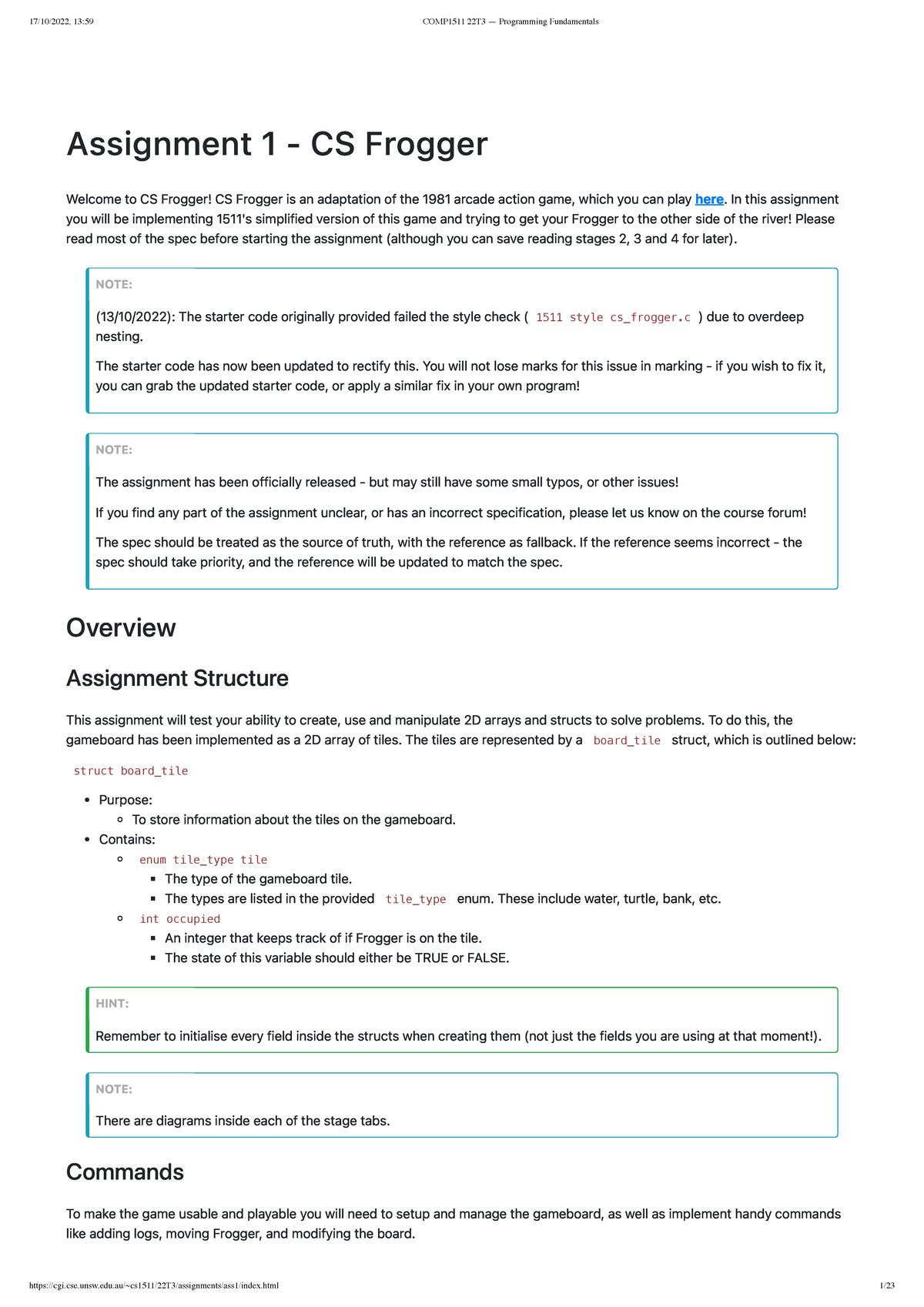 Stage 4 c ass - Assignment 1 - CS Frogger Welcome to CS Frogger! CS ...