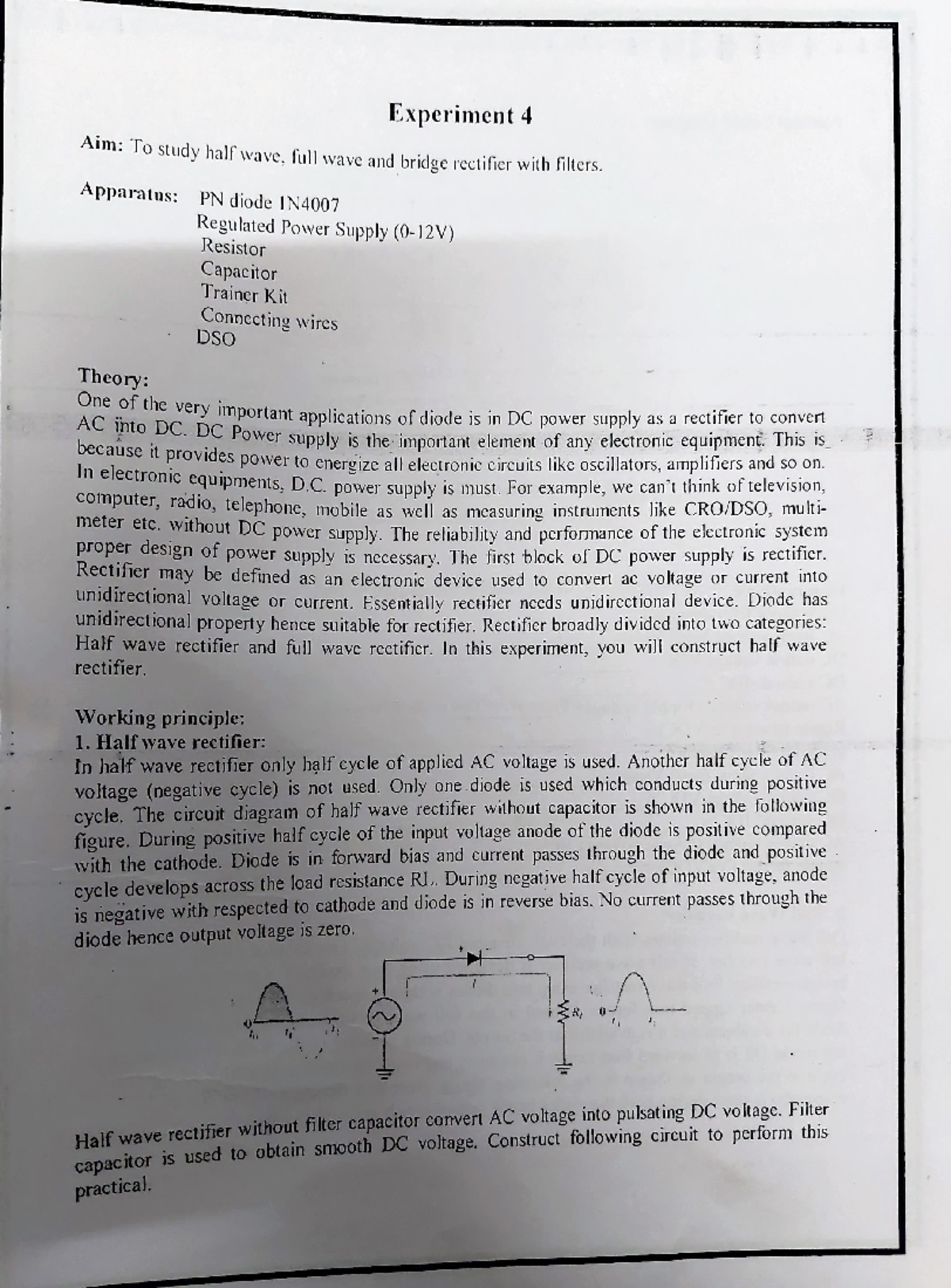 3 - Experiment of bee - Experiment 4 Aim: To study half wave, full wave ...