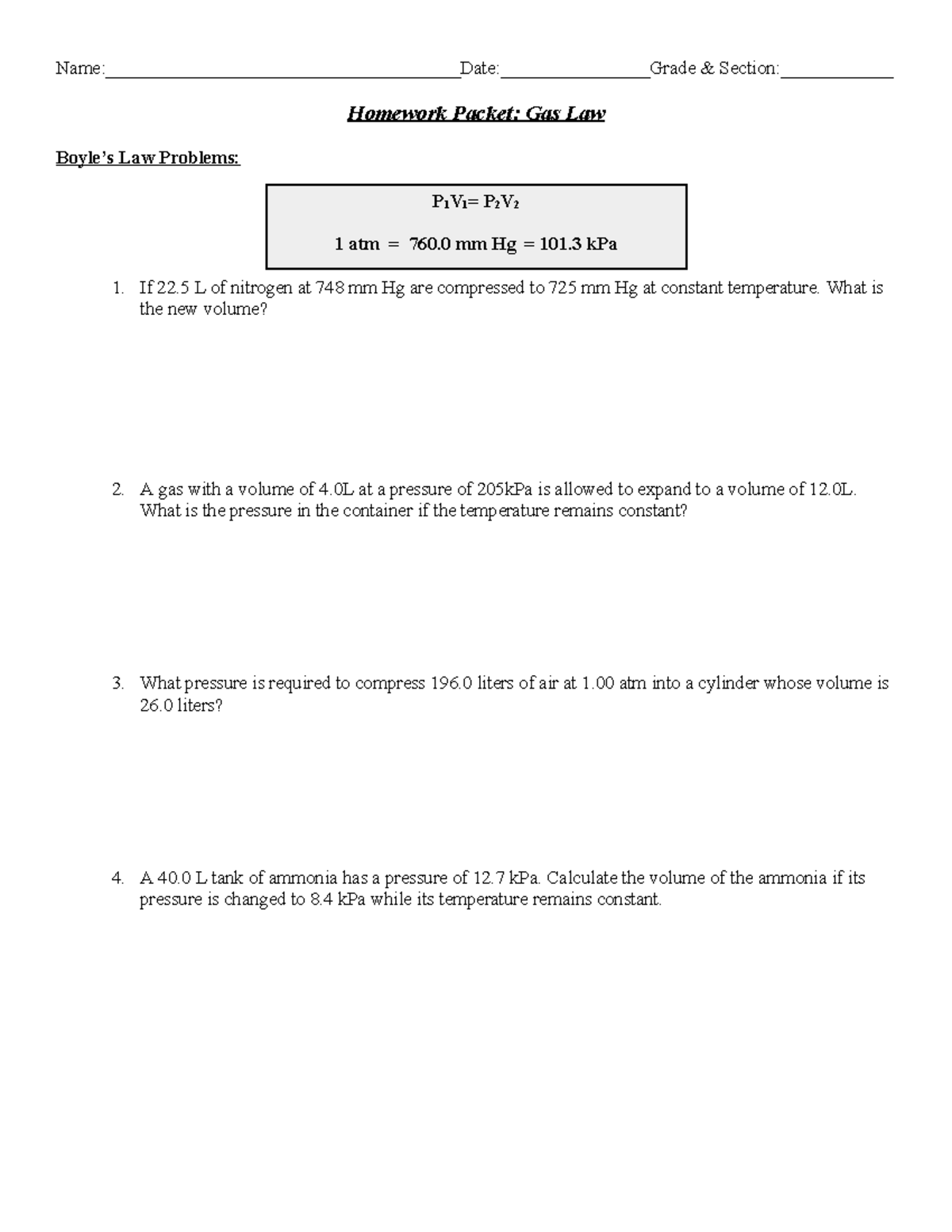 Gas law homework - Life science - Homework Packet: Gas Law Boyle’s Law ...