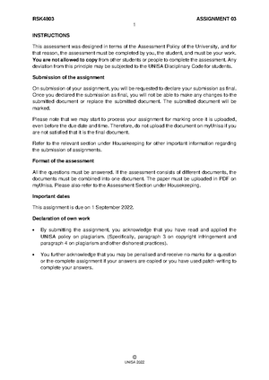 RSK 4805 Assignment 03 - RSK 4805 Assignment 03 Jasmine Boois Student number: 42808669 Question ...