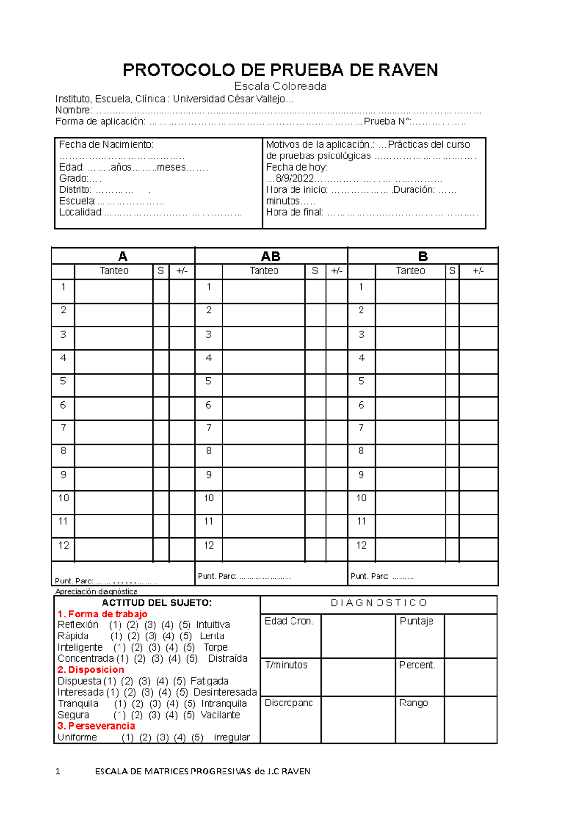 5 Protocolo de Respuestasy claves BIEN - PROTOCOLO DE PRUEBA DE RAVEN Escala Coloreada Instituto ...