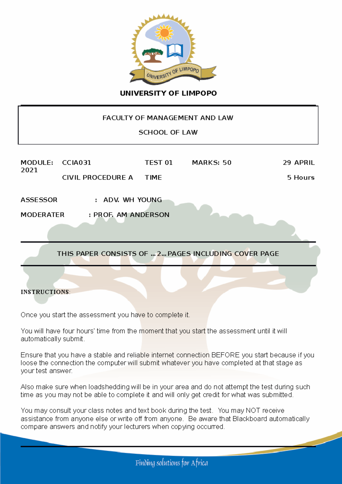 Questions of Test 1 Civil procedure A - UNIVERSITY OF LIMPOPO FACULTY ...