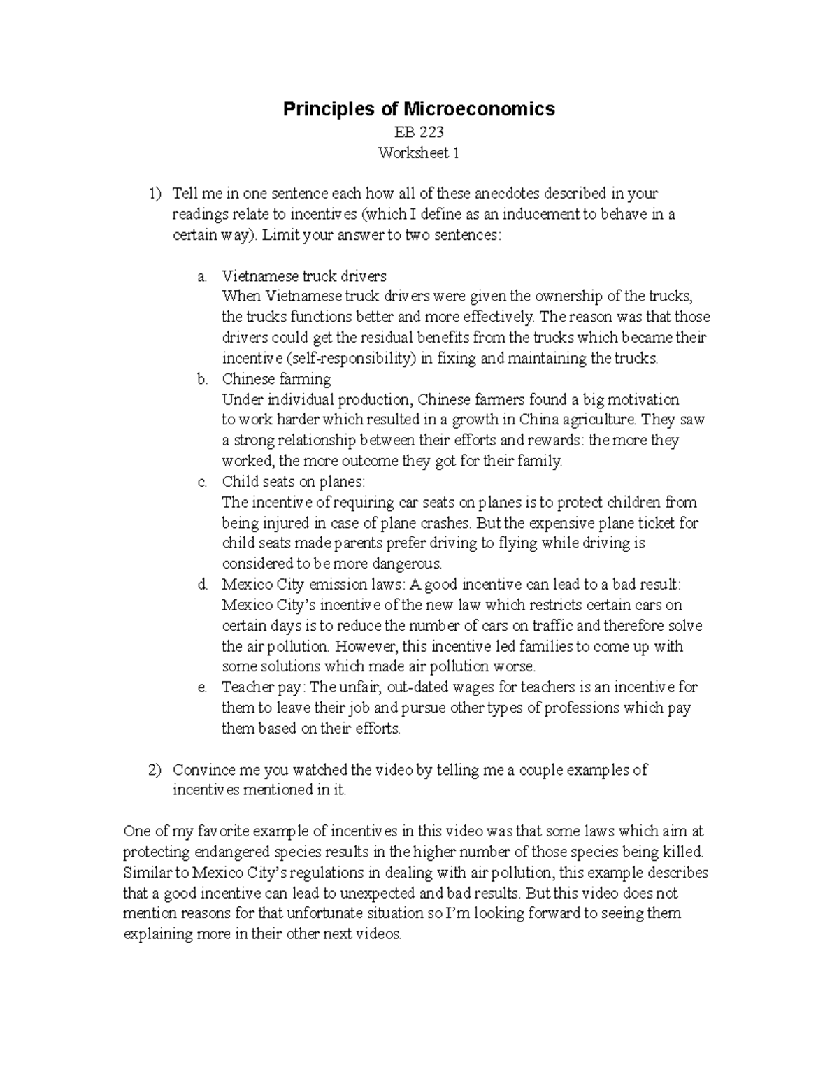 Worksheet 1 Micro Fall 20 Incentives - Principles of Microeconomics EB ...
