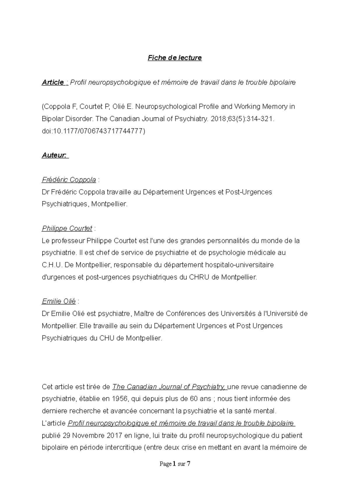 Fiche de lecture - Fiche de lecture Article : Profil neuropsychologique ...