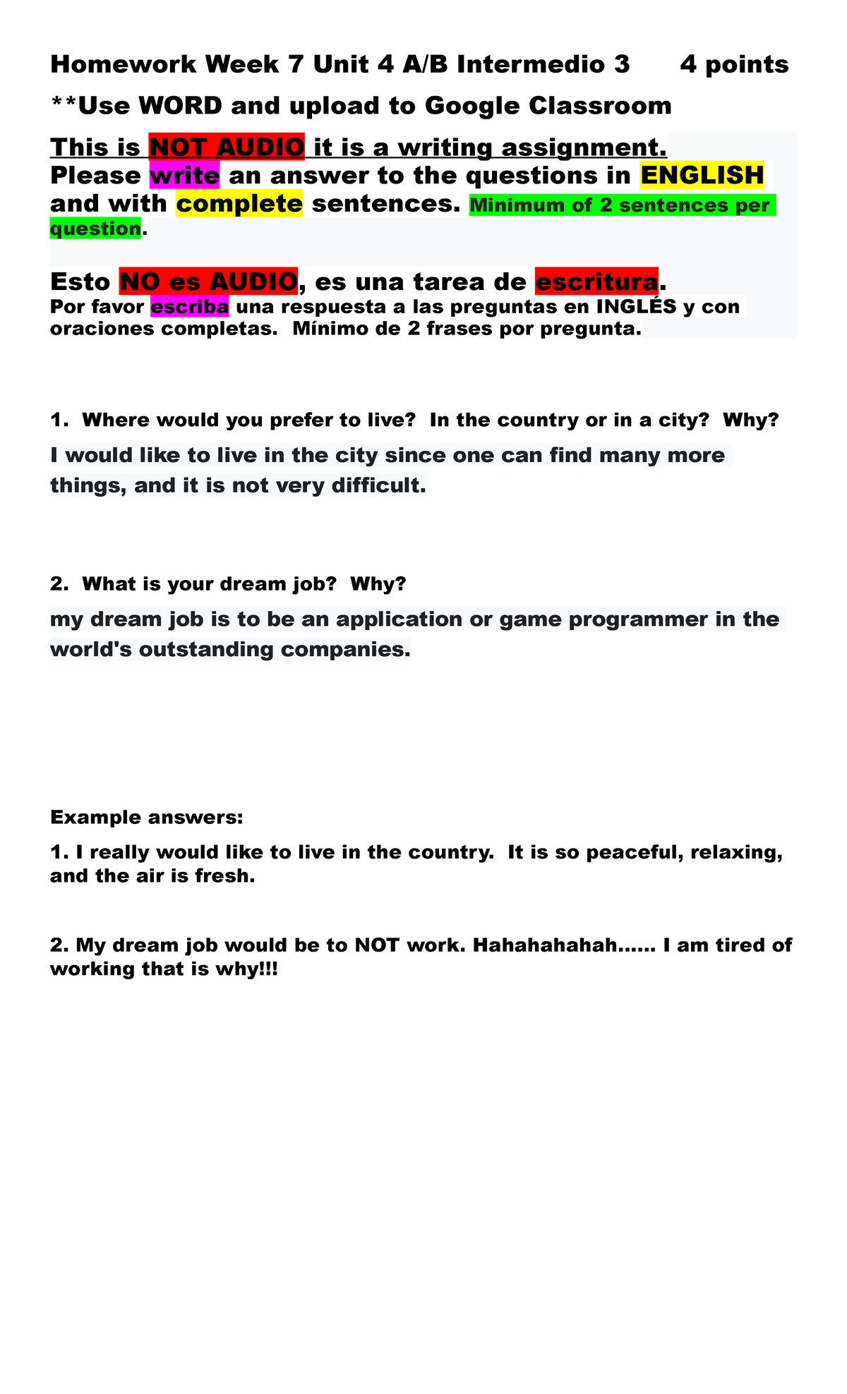 Week 7 homework unit 4 Aand B Intermedio 3 2021 questions - Homework ...