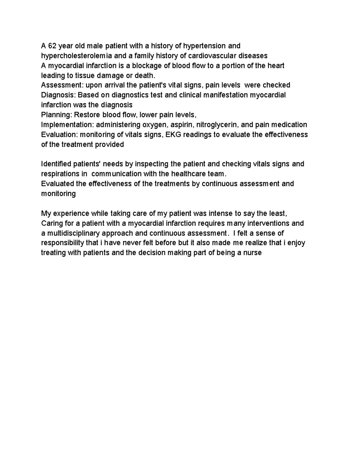 Midterm Reflective Journal - A 62 year old male patient with a history ...