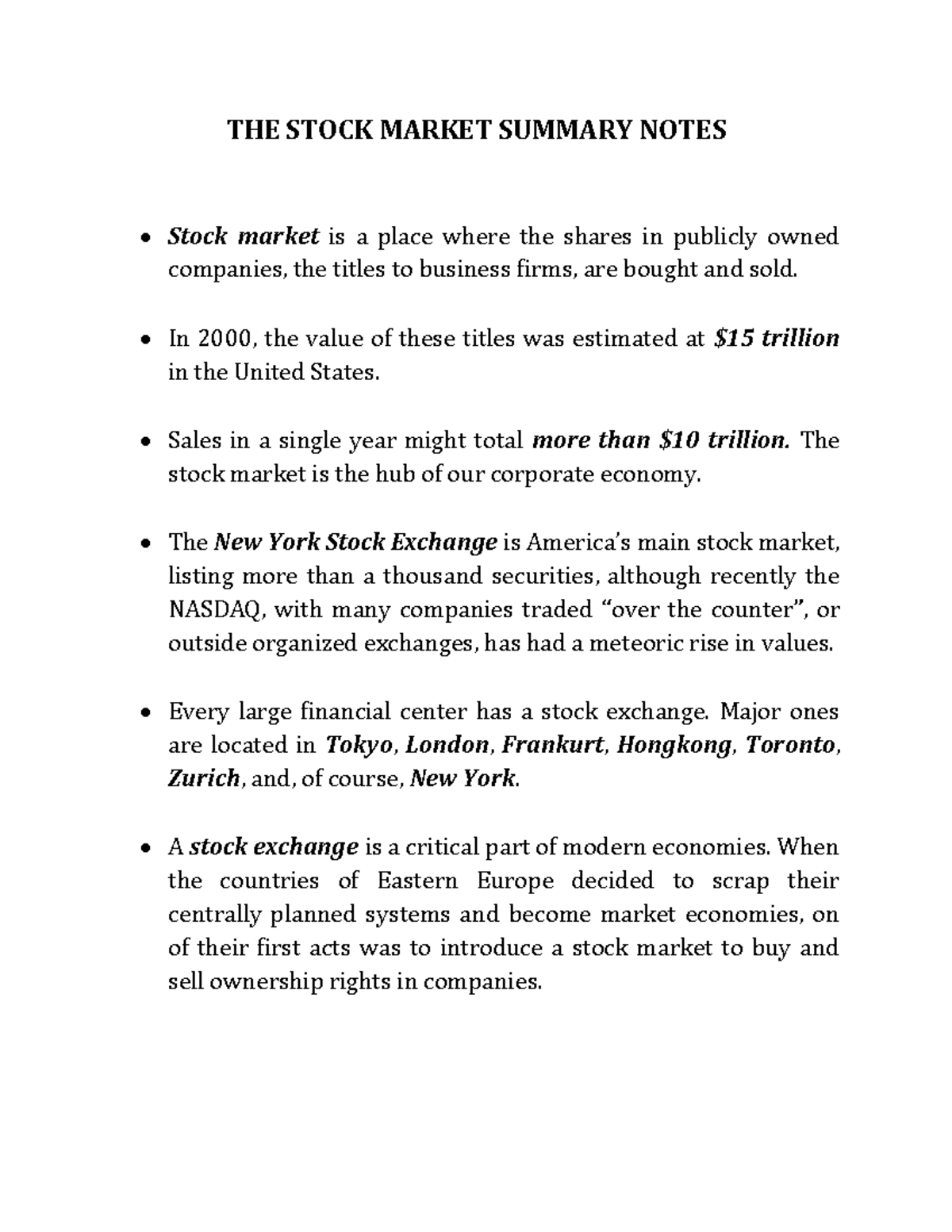 The Stock Market Summary Notes - THE STOCK MARKET SUMMARY NOTES Stock ...