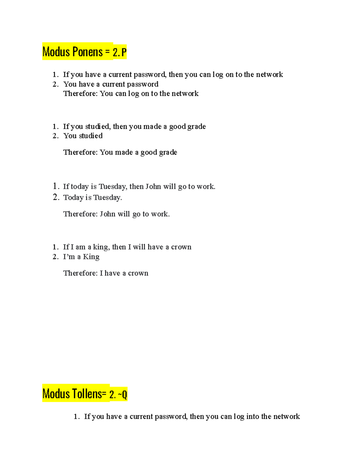 Logic Examples Unit 1 Test - Modus Ponens = 2. P If you have a current ...