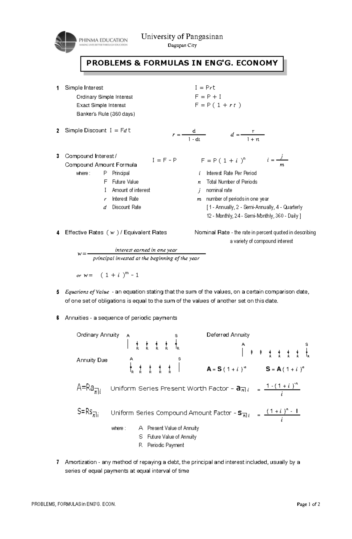 Formulas- Problems - 1 Simple Interest I = P r t Ordinary Simple ...