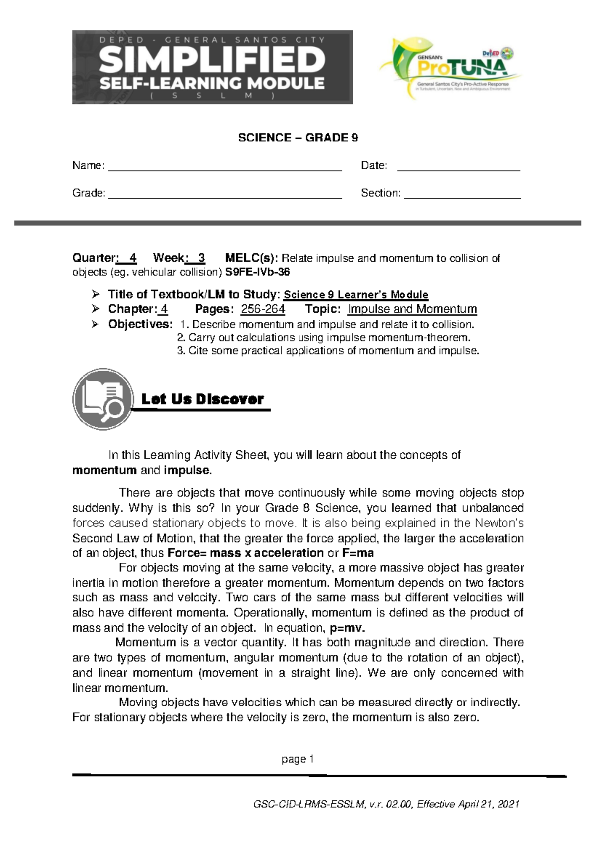 G9 -SSLM Q4 W3 Suscano - Ap module - SCIENCE – GRADE 9 Name
