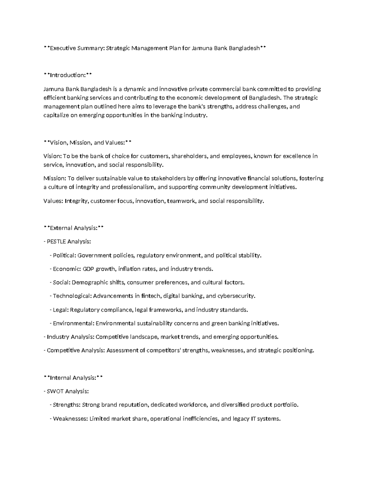 Jamuna bank - The strategic management plan outlined here aims to leverage the bank's strengths ...