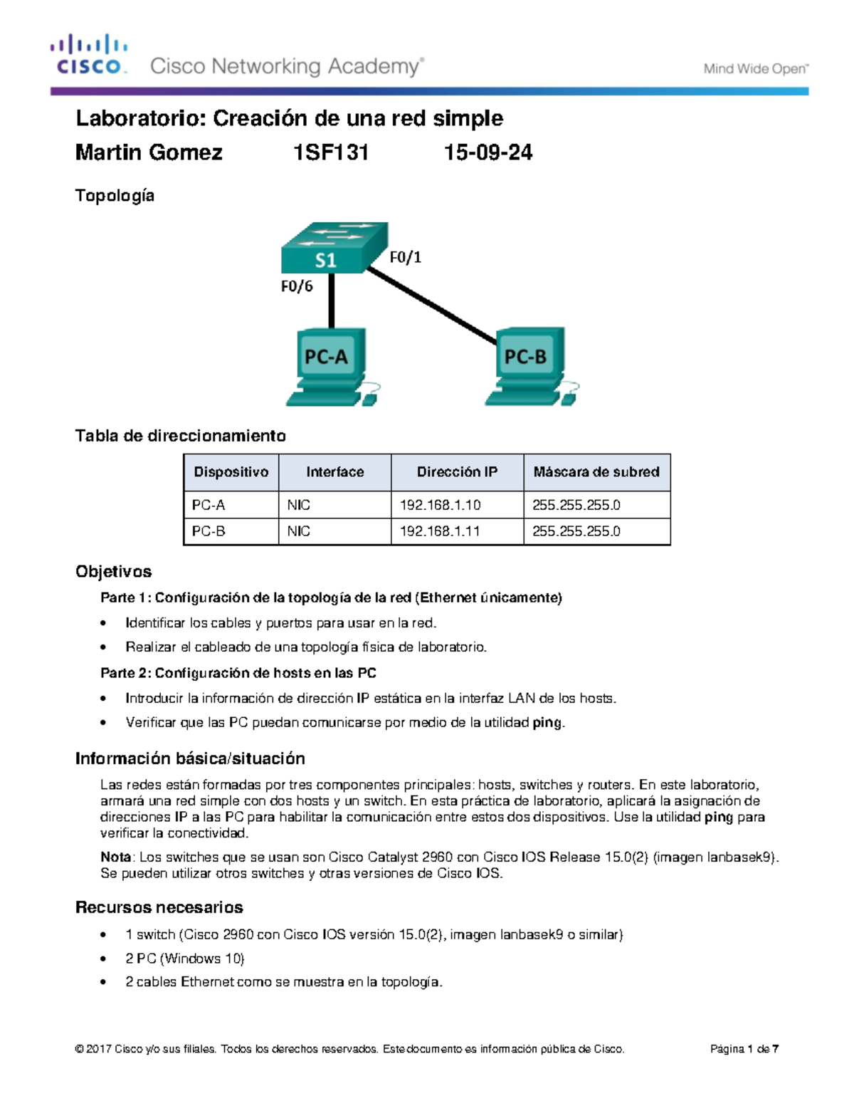 1.3.2.3 Lab - Building a Simple Network Martin Gomez - Laboratorio: Creación de una red simple ...