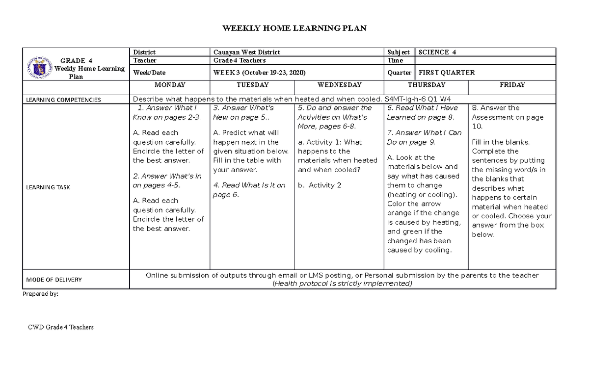 G4 QI Wk 3 Weekly Home Plan Science - WEEKLY HOME LEARNING PLAN GRADE 4 ...