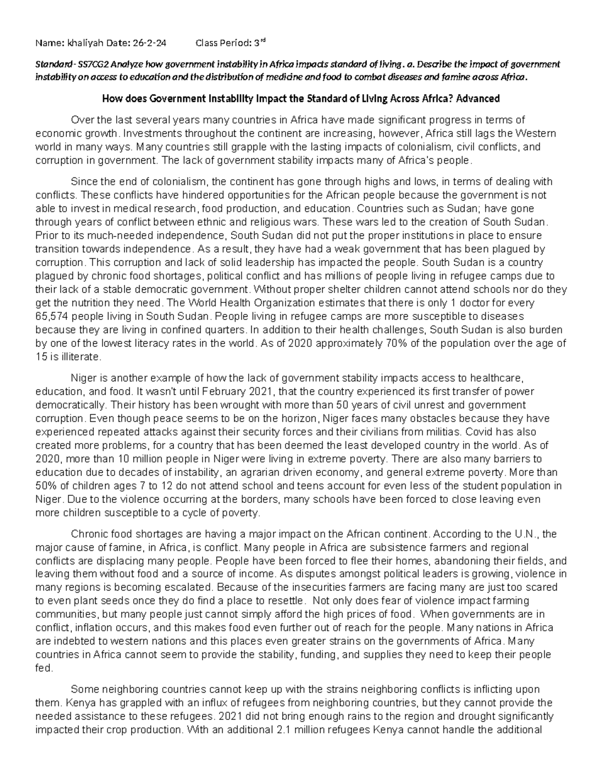 Africa 26 - qrst - Name: khaliyah Date: 26-2-24 Class Period: 3rd ...