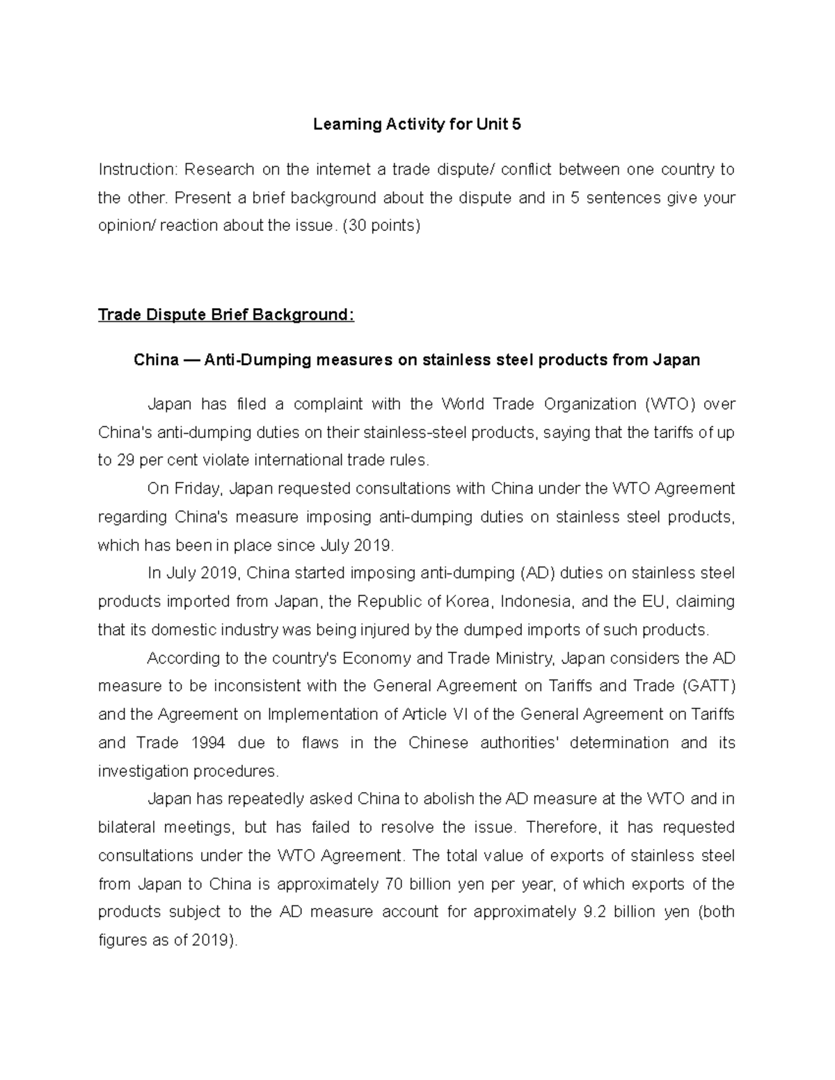 Economic Development Learning Activity for Unit 5 - Learning Activity ...