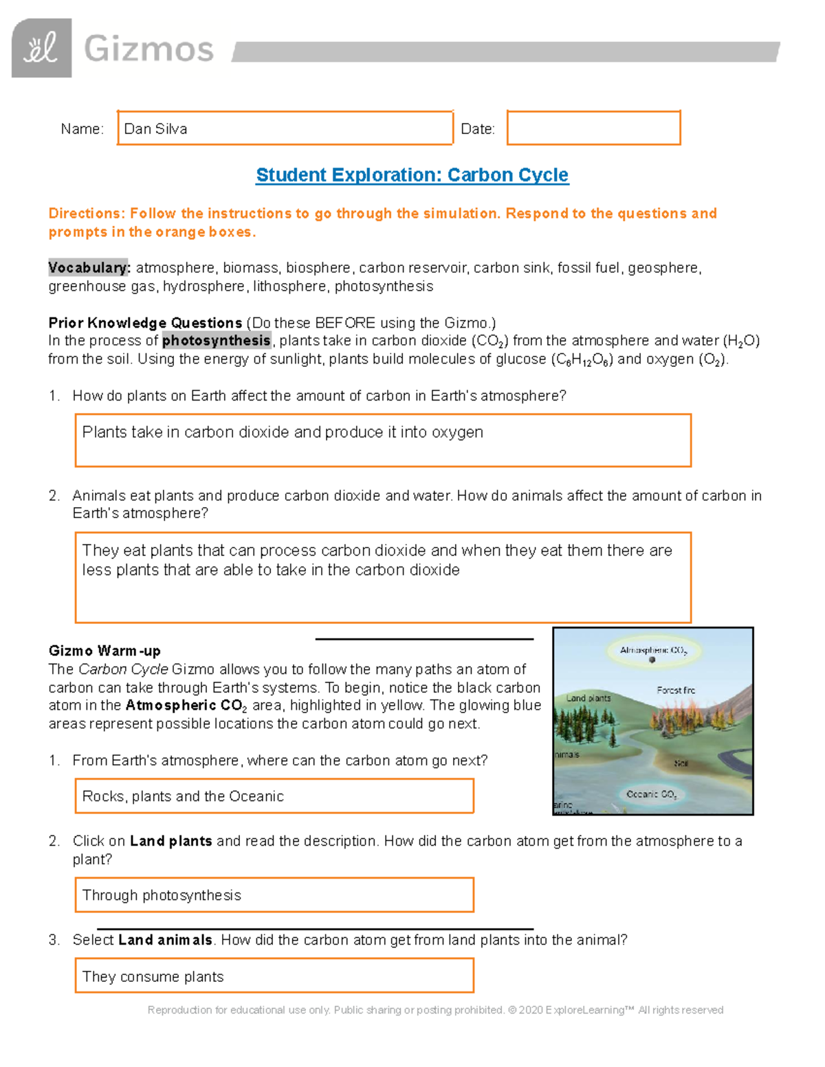 Entire doc- Carbon Cycle Gizmos -Bio 2023 - Name: Dan Silva Date ...