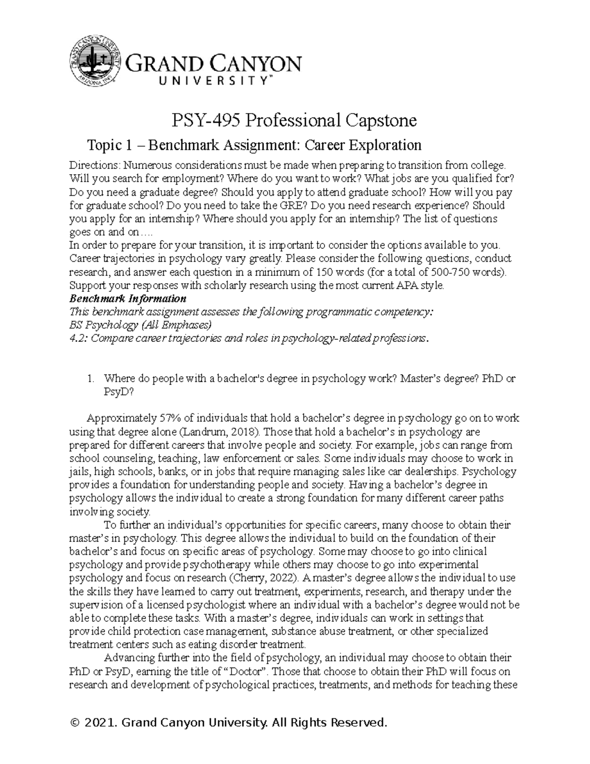 PSY 495 RS T1 Benchmark Career Exploration - PSY-495 Professional ...