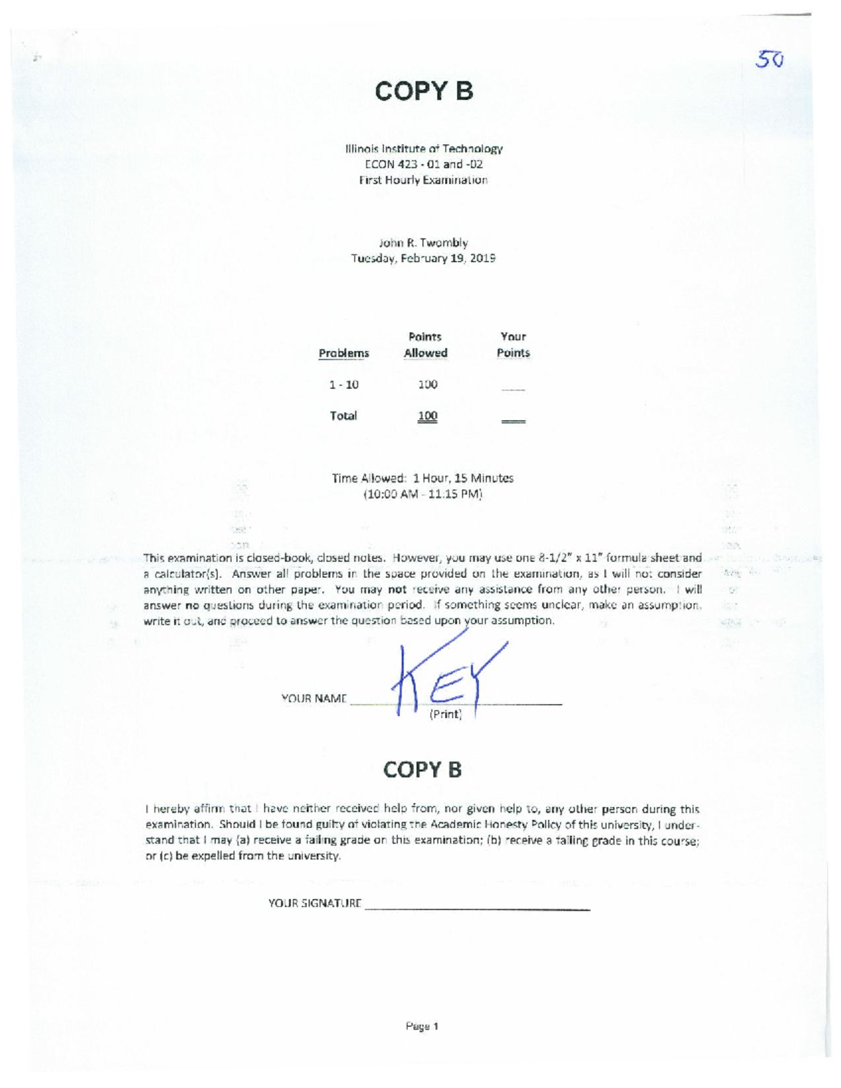 Key to First Exam ECON 423, Spring 2019 (COPY B) - ECON 423 - Studocu