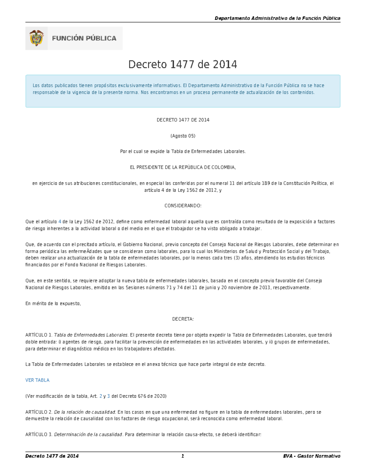 Decreto 1477 de 2014 - Departamento Administrativo de la Función ...