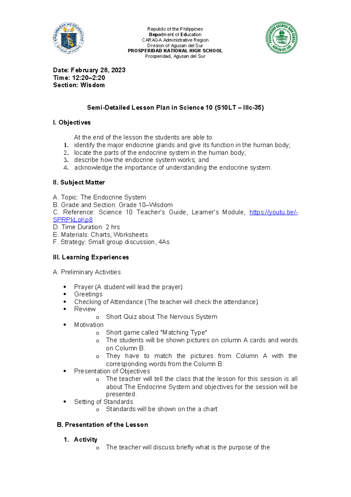 Endocrine System Lesson Plan - Republic of the Philippines Department ...