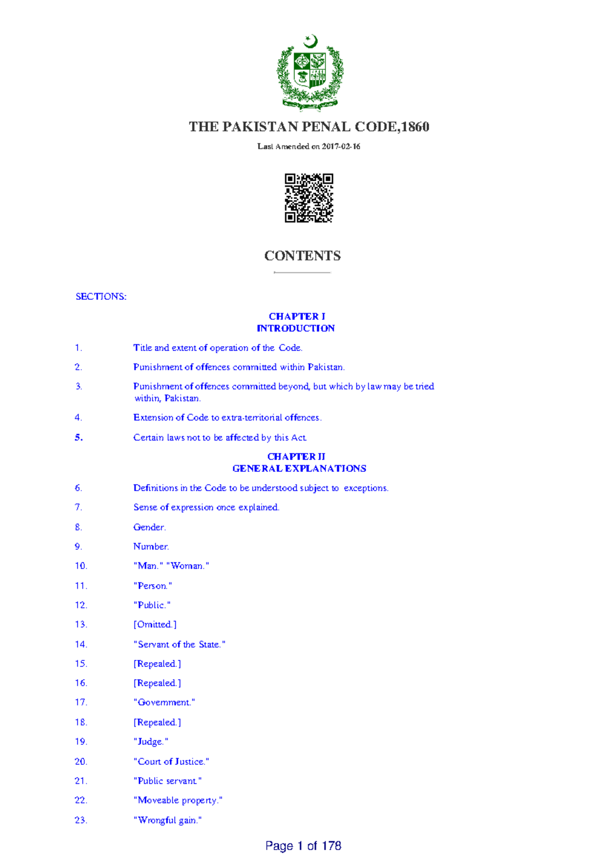 C Pakistan Penal Code 1860 - THE PAKISTAN PENAL CODE, Last Amended on ...