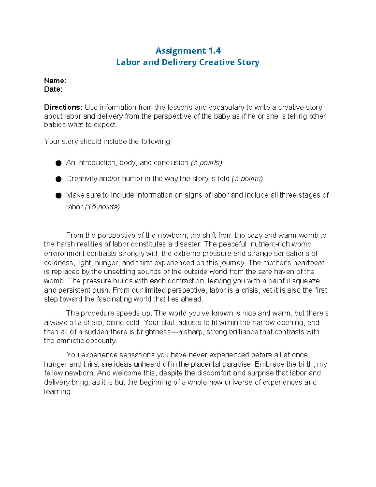 Copy of Assignment 1 - Assignment 1. Labor and Delivery Creative Story ...