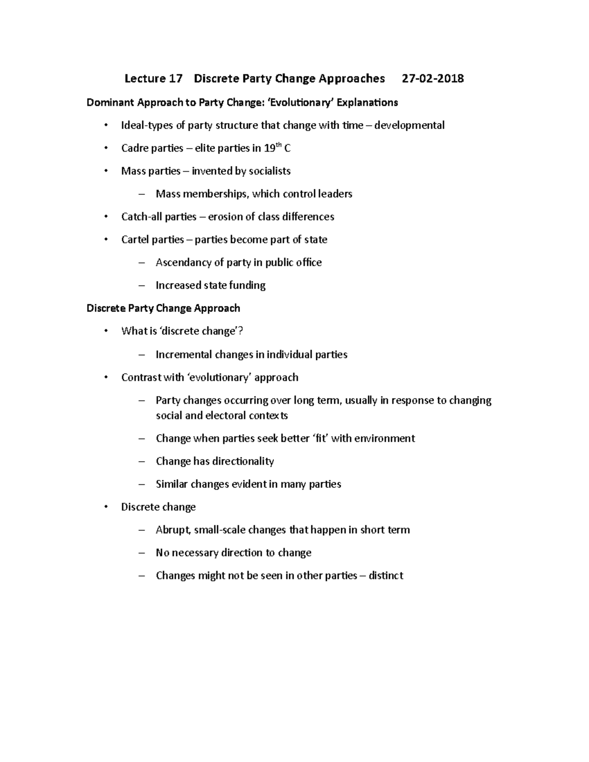 Lecture 17 - notes - Lecture 17 Discrete Party Change Approaches 27-02 ...