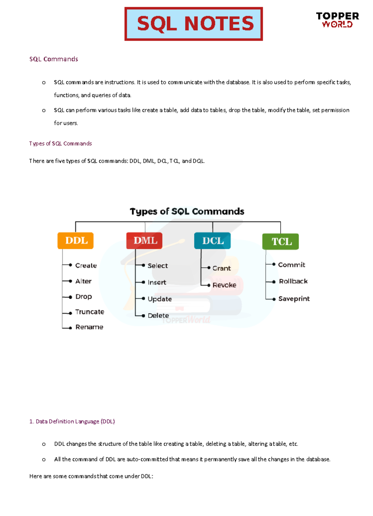 SQL Notes🚀 - study - SQL Commands o SQL commands are instructions. It ...