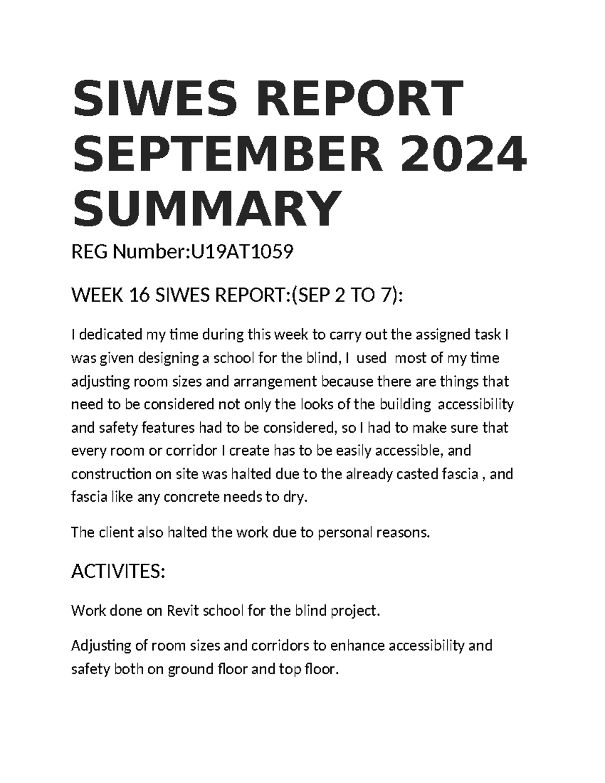 U19AT1059 Siwes Report August 2024 Summary - SIWES REPORT SEPTEMBER ...
