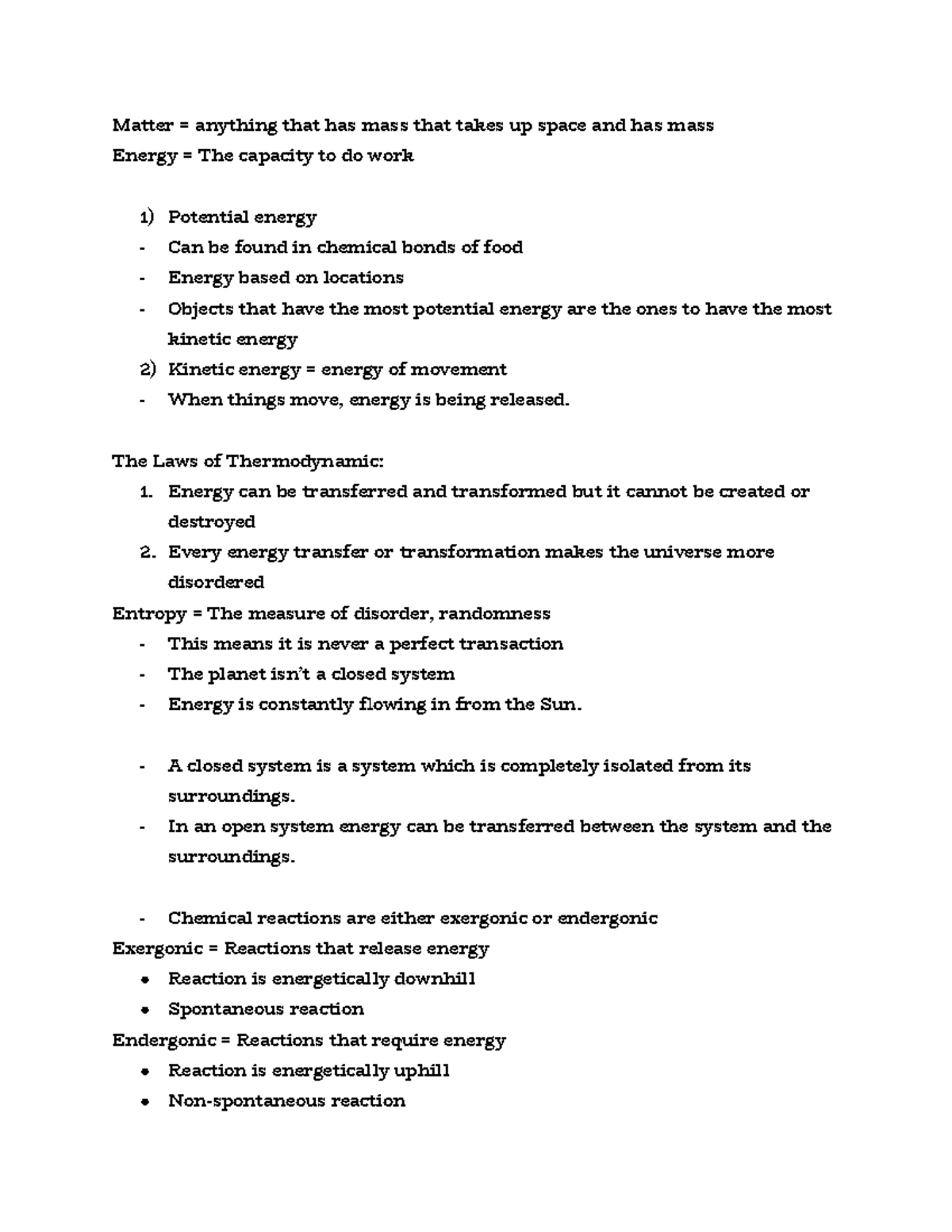 Biology 1001 Ch 6 Notes - Introduction to matter and energy - Matter ...