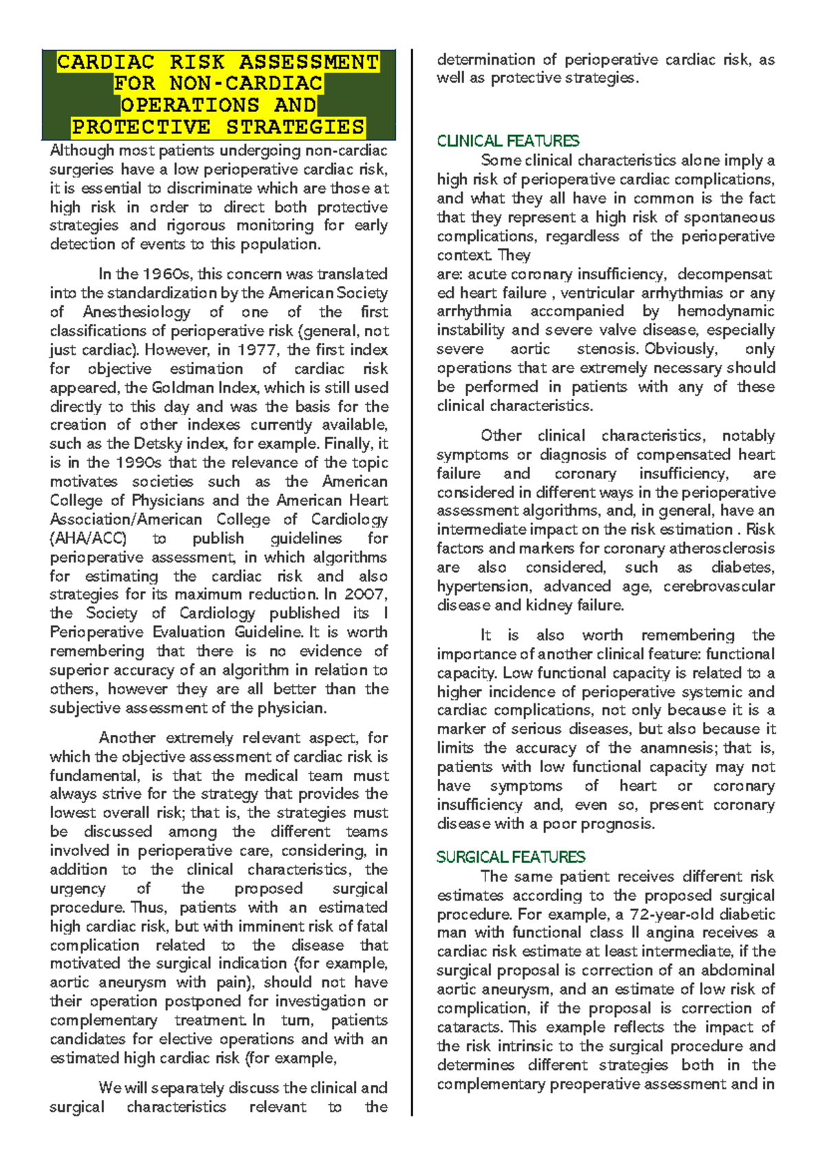 Cardiac risk assessment for non-cardiac operations and protective ...