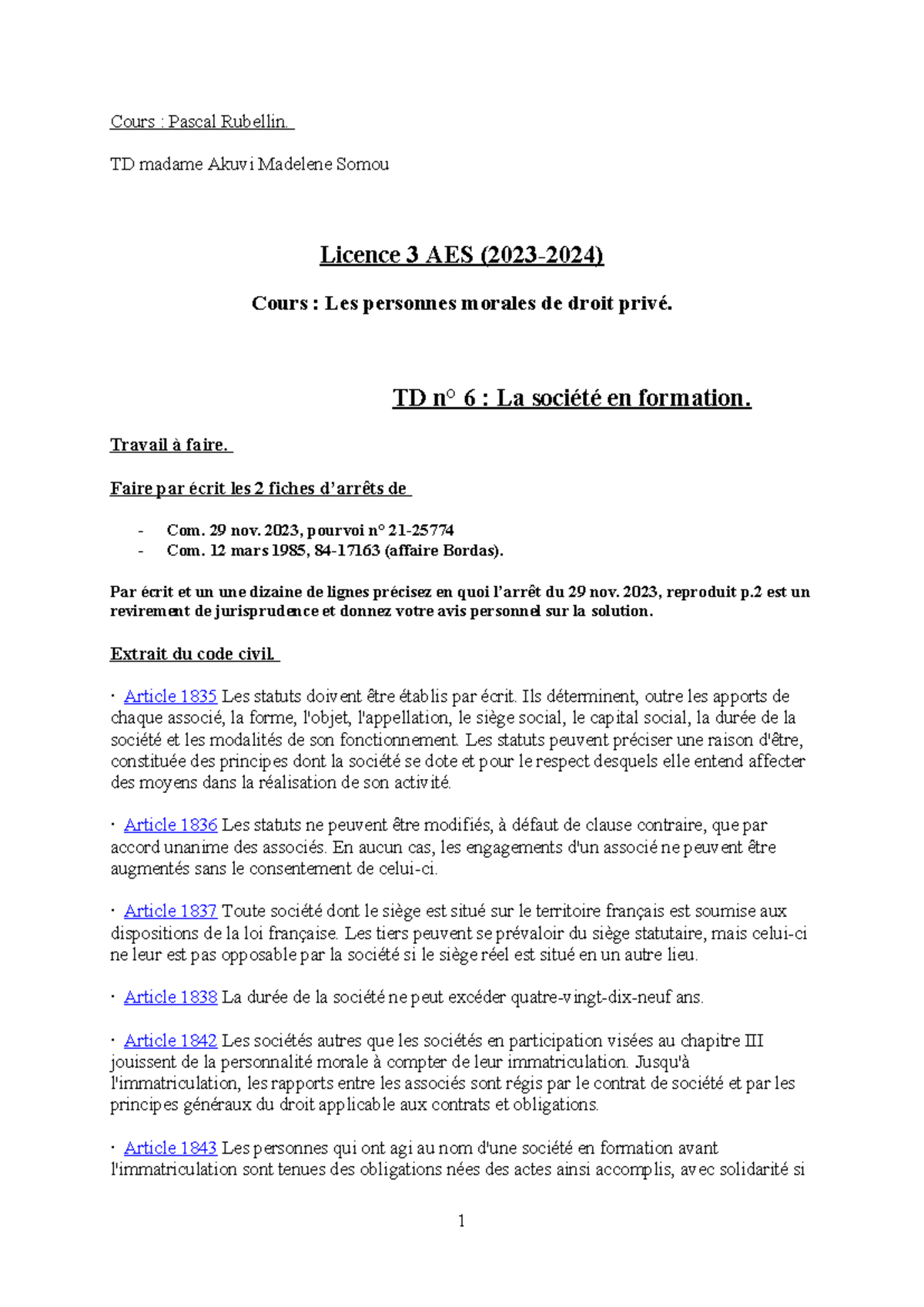 Fiche de TD n° 6, PM AES 2024 - Cours : Pascal Rubellin. TD madame Akuvi Madelene Somou Licence ...