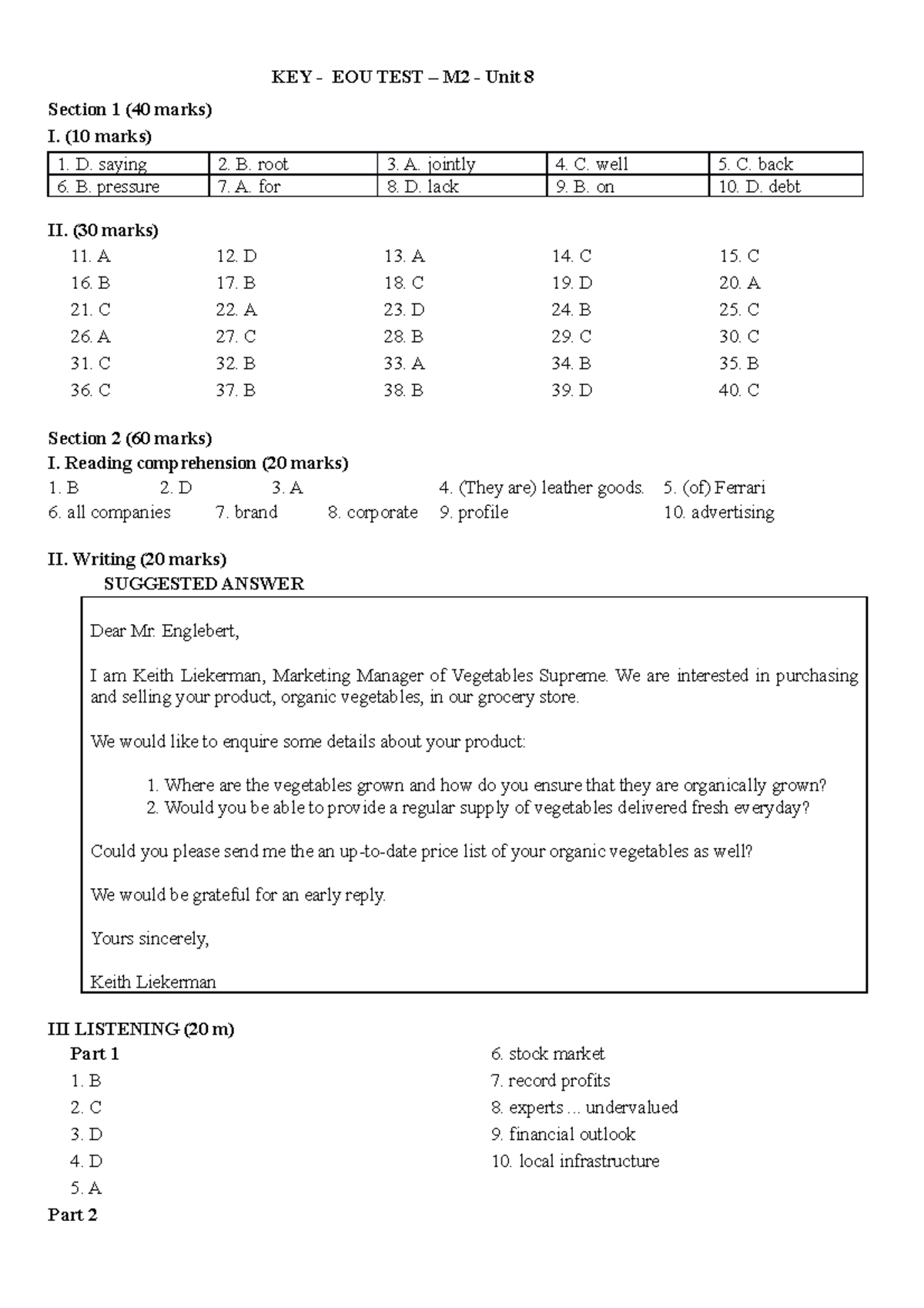 KEY - EOU TEST – M2 - Unit 8 - KEY - EOU TEST – M2 - Unit 8 Section 1 ...