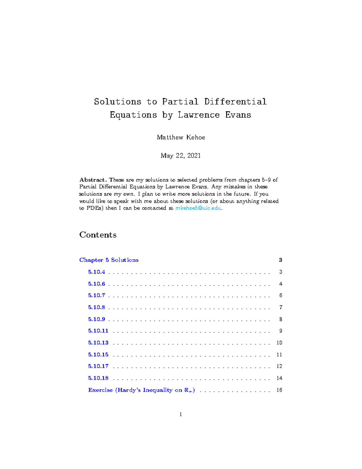 Evans PDE Chapters 5 Through 9 - Solutions to Partial Differential ...