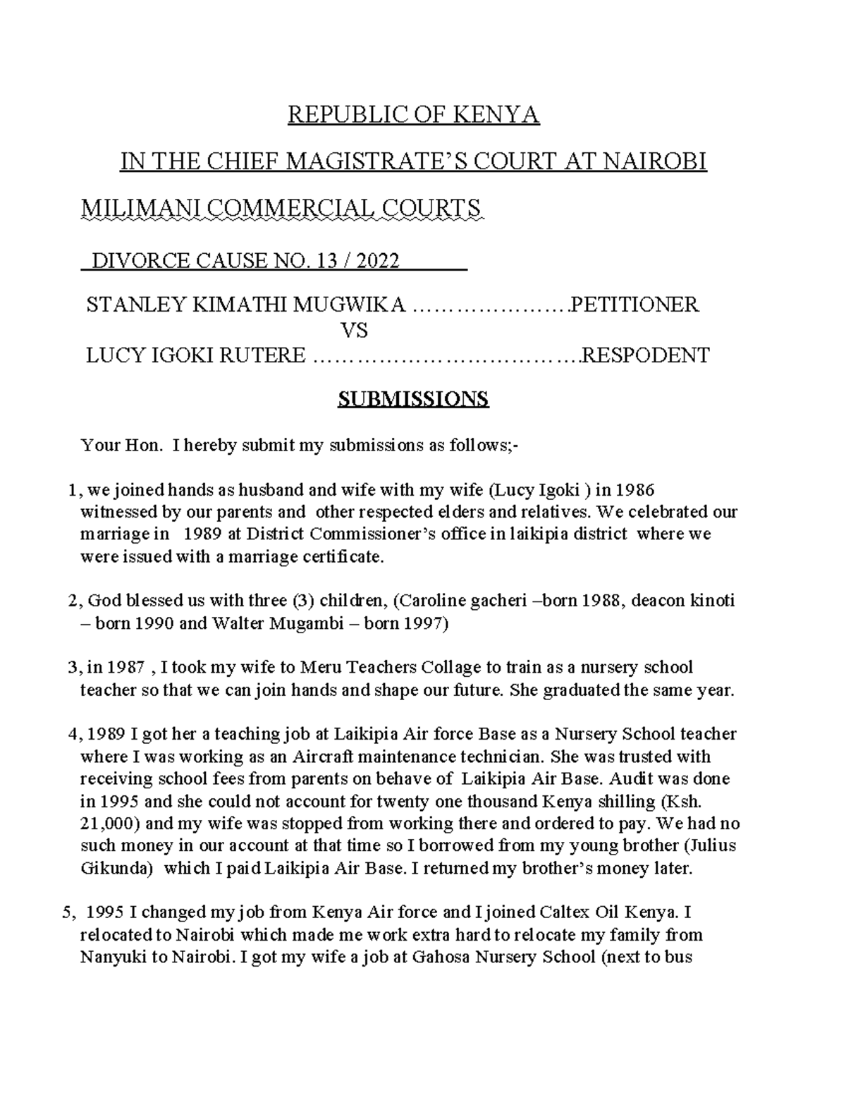 Submissions 13-22 - REPUBLIC OF KENYA IN THE CHIEF MAGISTRATE’S COURT ...
