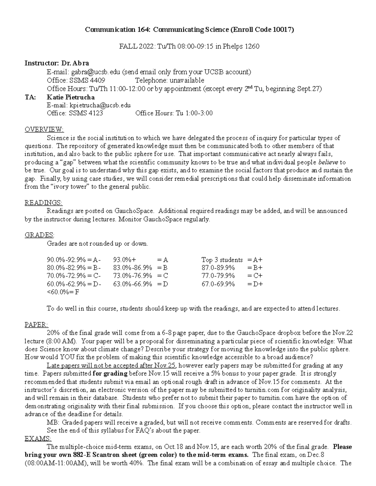 Science Comm F2022-Syllabus (10 Wk) - Communication 164: Communicating ...