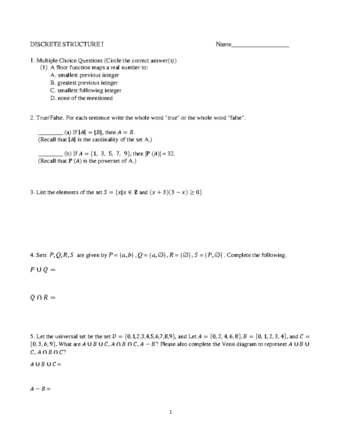 Exam II Study Guide - Floor function, ceiling function, cardinality ...