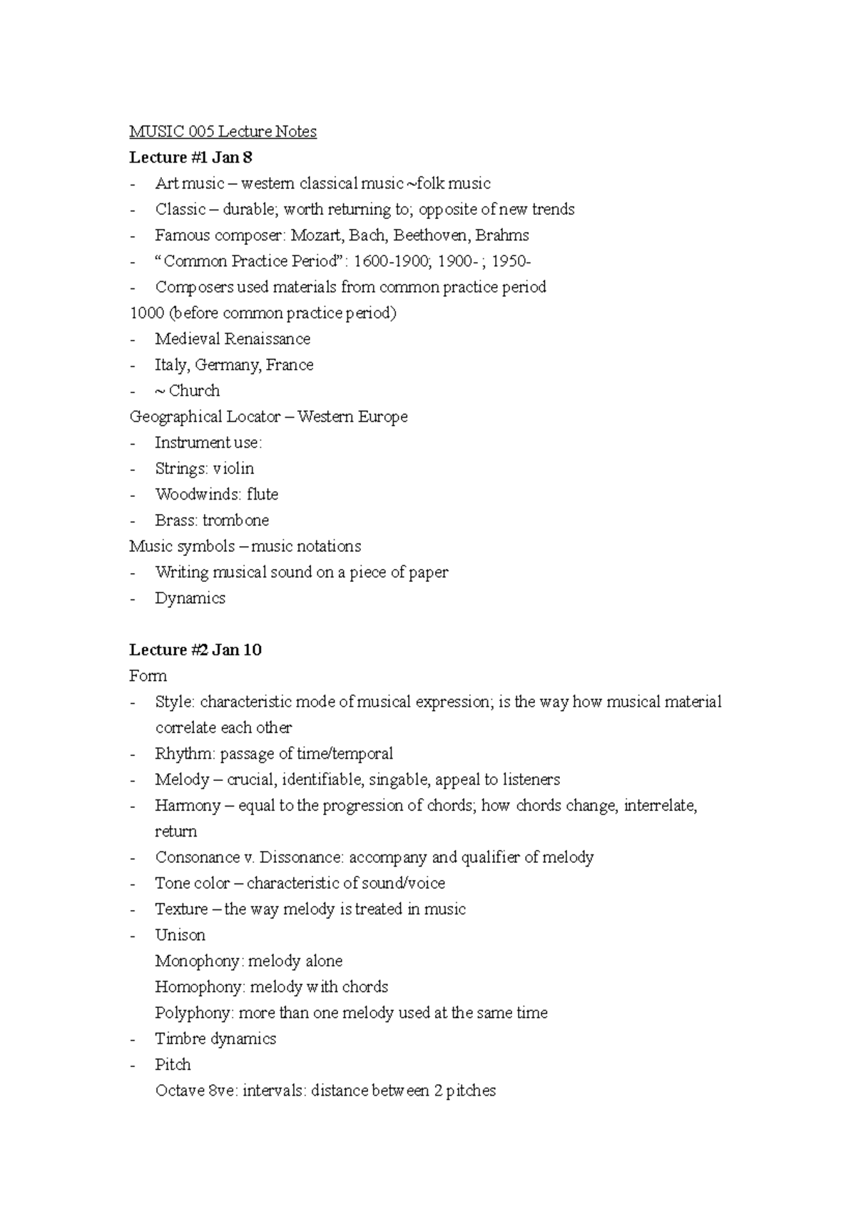 Lecture Notes Exam Period 1 - MUSIC 005 Lecture Notes Lecture #1 Jan 8 ...