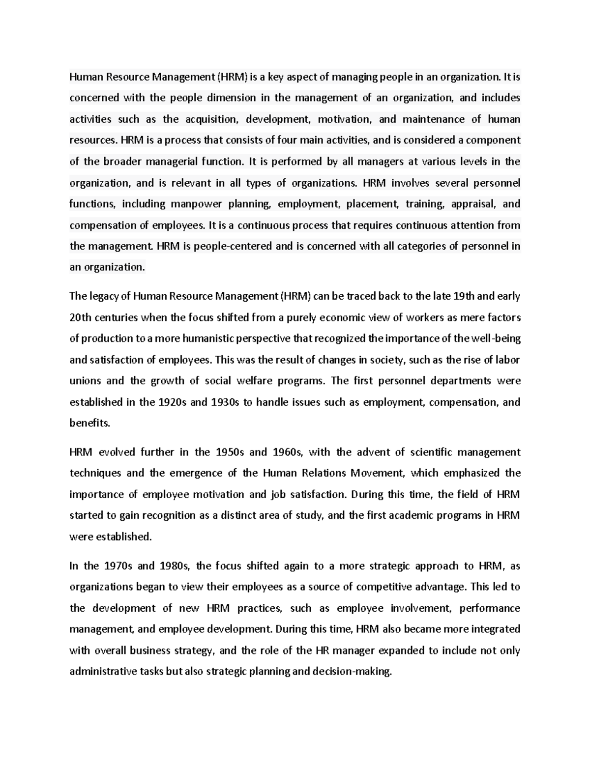 Overview of Human Resource Management (HRM) and Its Historical ...