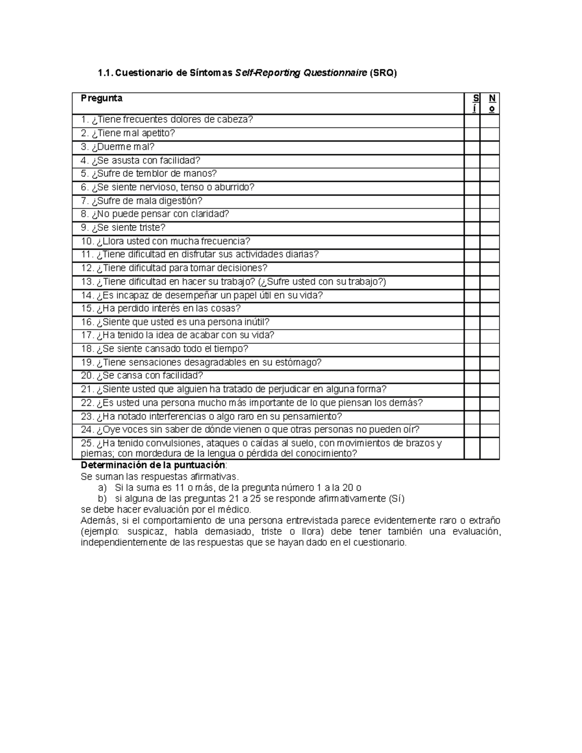 Cuestionario de Síntomas SRQ y CIE para ansiedad - 1.1 de Síntomas Self ...