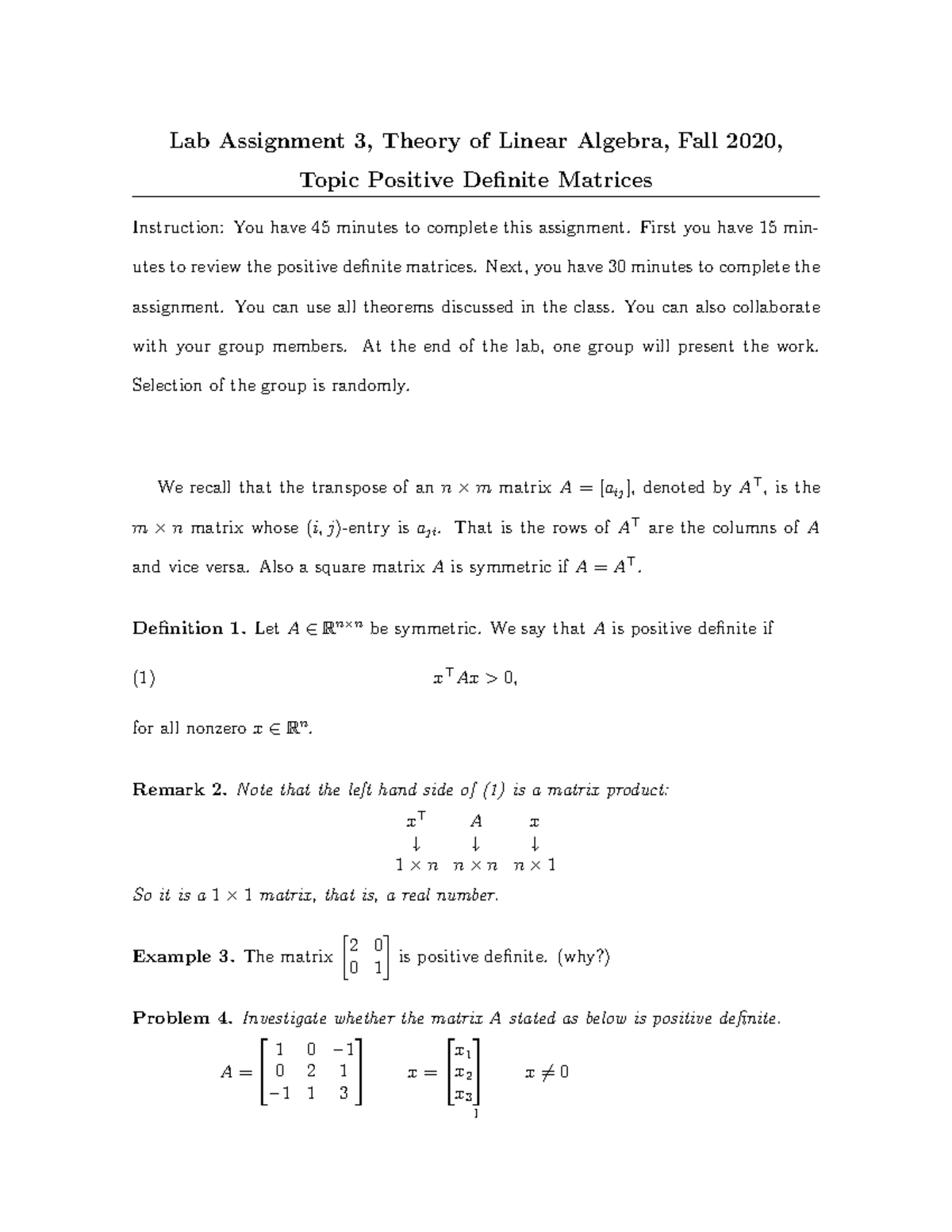 Lab3 - Topic Positive Definite Matrices - Lab Assignment 3, Theory of Linear Algebra, Fall 2020 ...