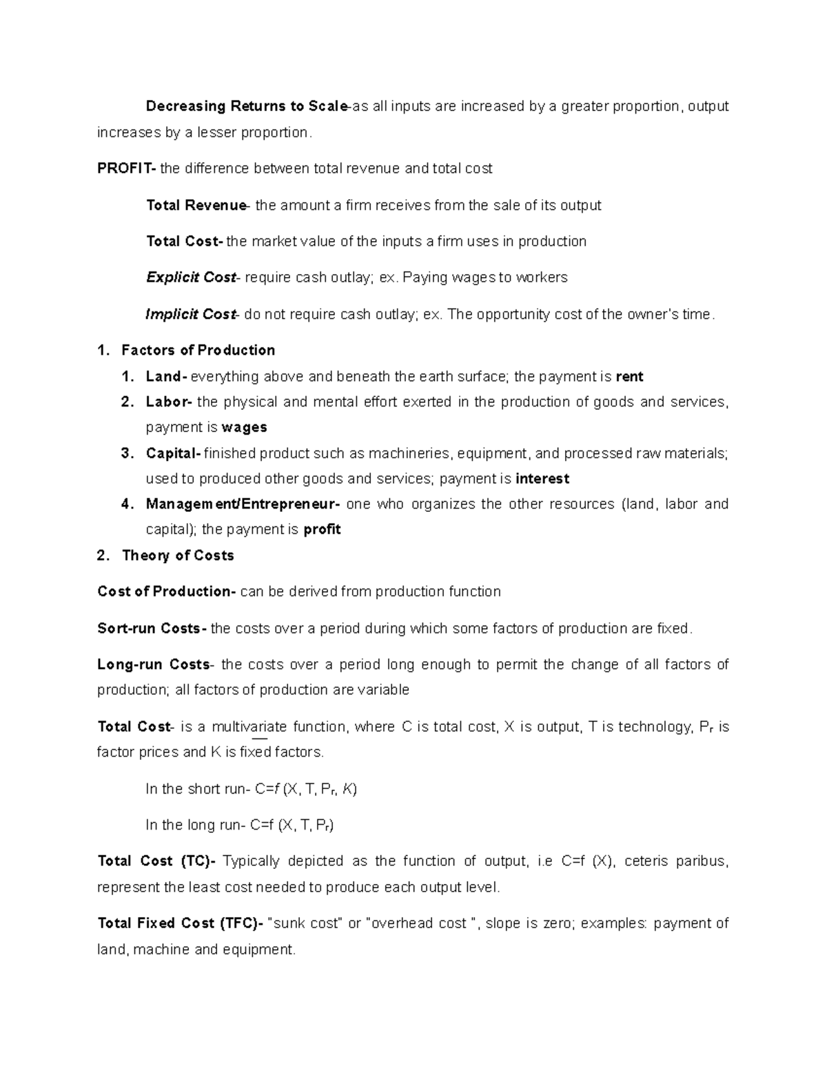 Decreasing Returns to Scale - PROFIT- the difference between total ...
