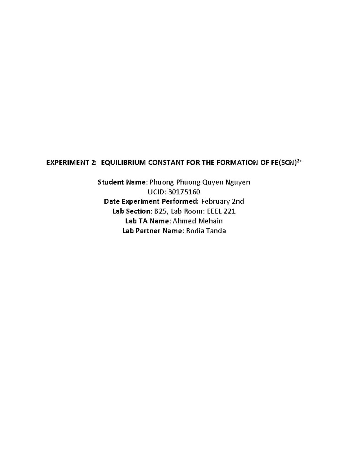 Chem 209 Experiment 2 - EXPERIMENT 2: EQUILIBRIUM CONSTANT FOR THE ...