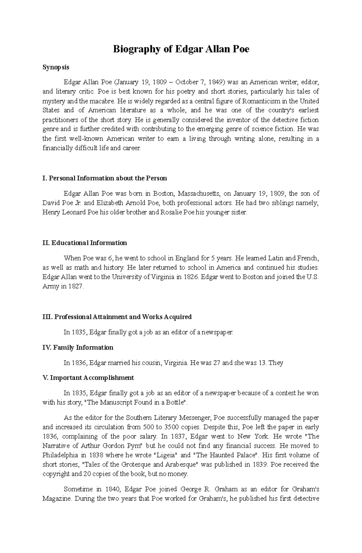 Biography of Edgar Allan Poe - Biography of Edgar Allan Poe Synopsis ...