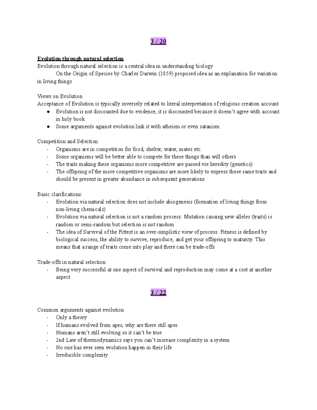 Genetics Exam 3 Lecture Notes - 3 / 20 Evolution through natural ...