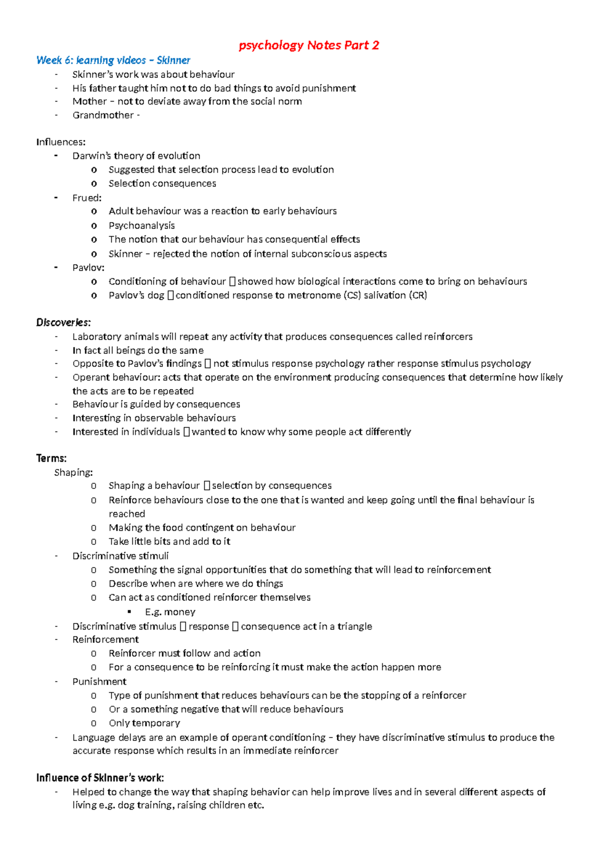 Psychology notes-1 - Biopsychology Notes Part 2 Week 6: learning videos ...