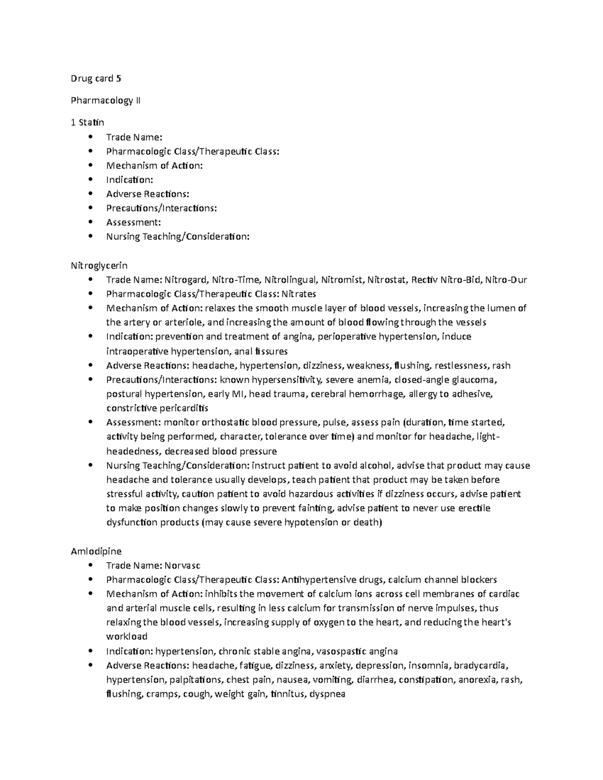 Drug card 5 - pharmacology drug card - Drug card 5 Pharmacology II 1 ...